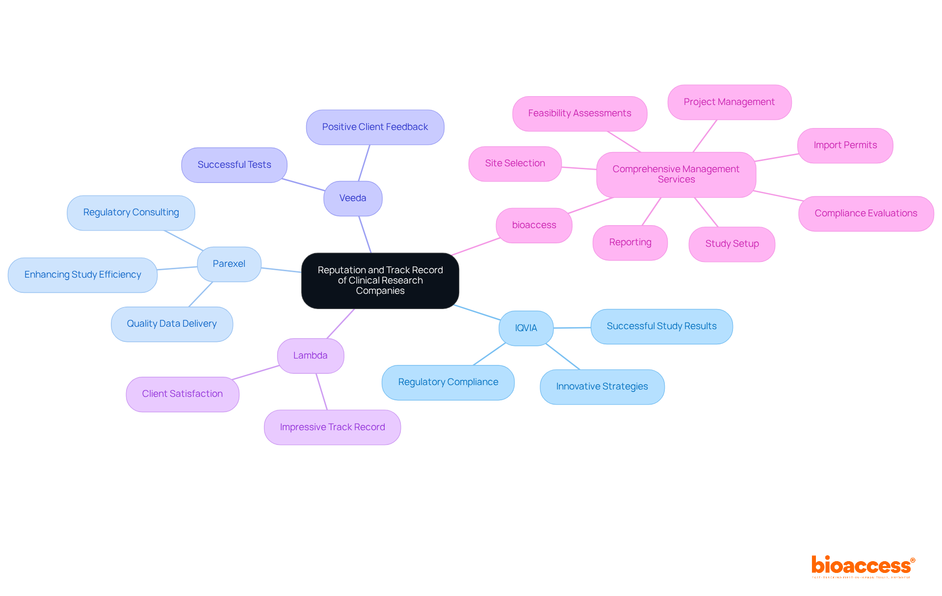 The central node represents the overall theme, while each branch shows a different company and its strengths. Sub-branches provide more details about what makes each company reputable and successful.