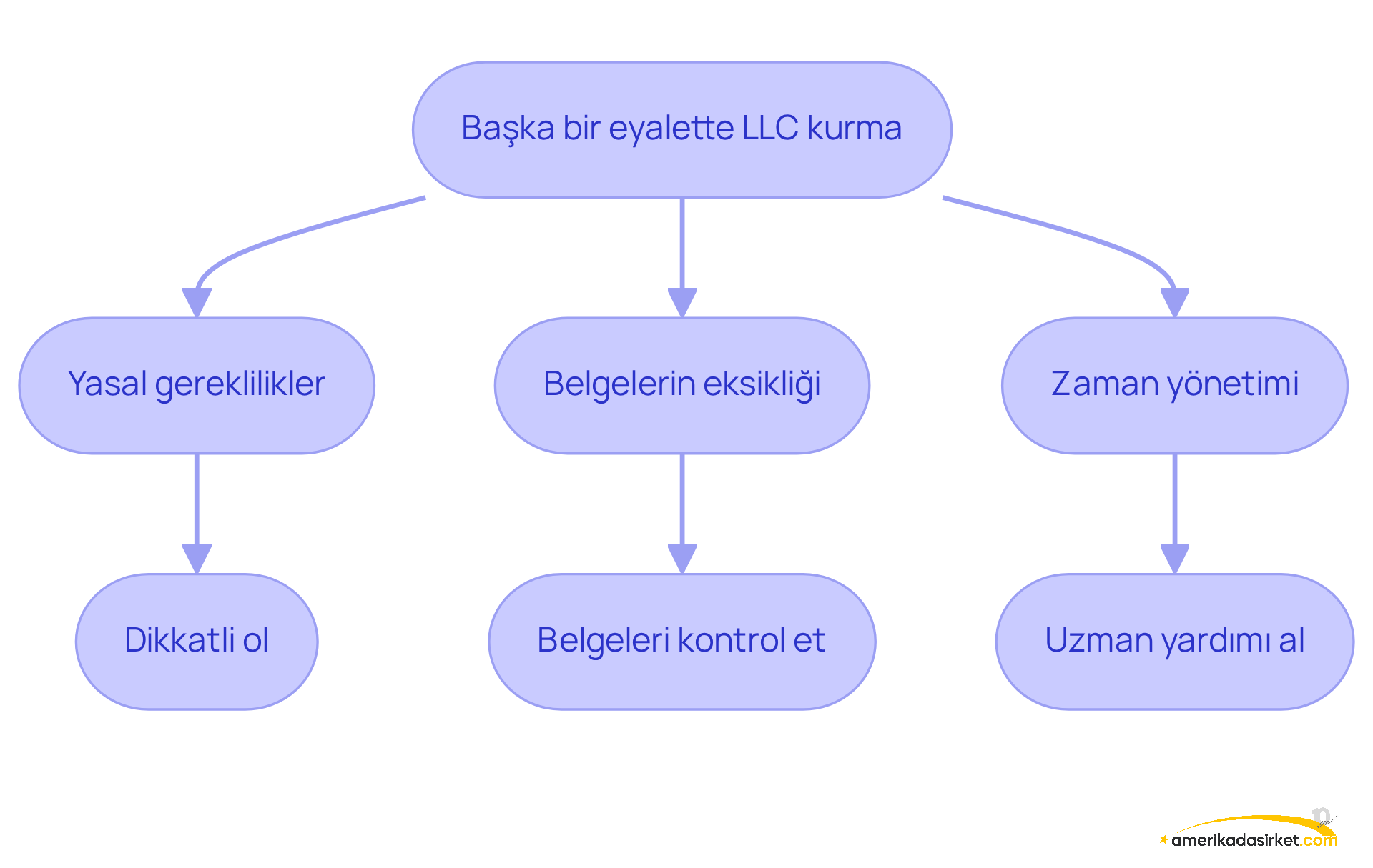 Her kutu, LLC kurma sürecindeki bir adımı veya karşılaşılabilecek bir sorunu temsil eder. Oklar, adımlar arasındaki bağlantıları gösterir ve önerilen çözümlerle yönlendirme yapar.