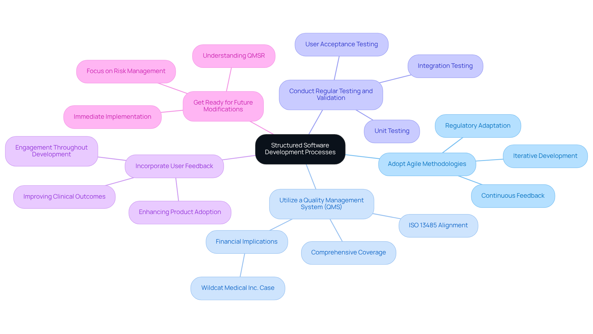 The central node represents the main focus of structured software development processes, while each branch highlights a specific best practice. Follow the branches to explore how each practice contributes to improving quality and compliance in medical technology.