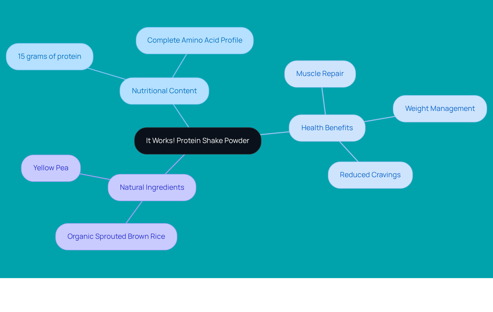 The central idea is the protein shake powder; each branch shows a different aspect of its benefits. Follow the branches to understand how it can help enhance your wellness journey!