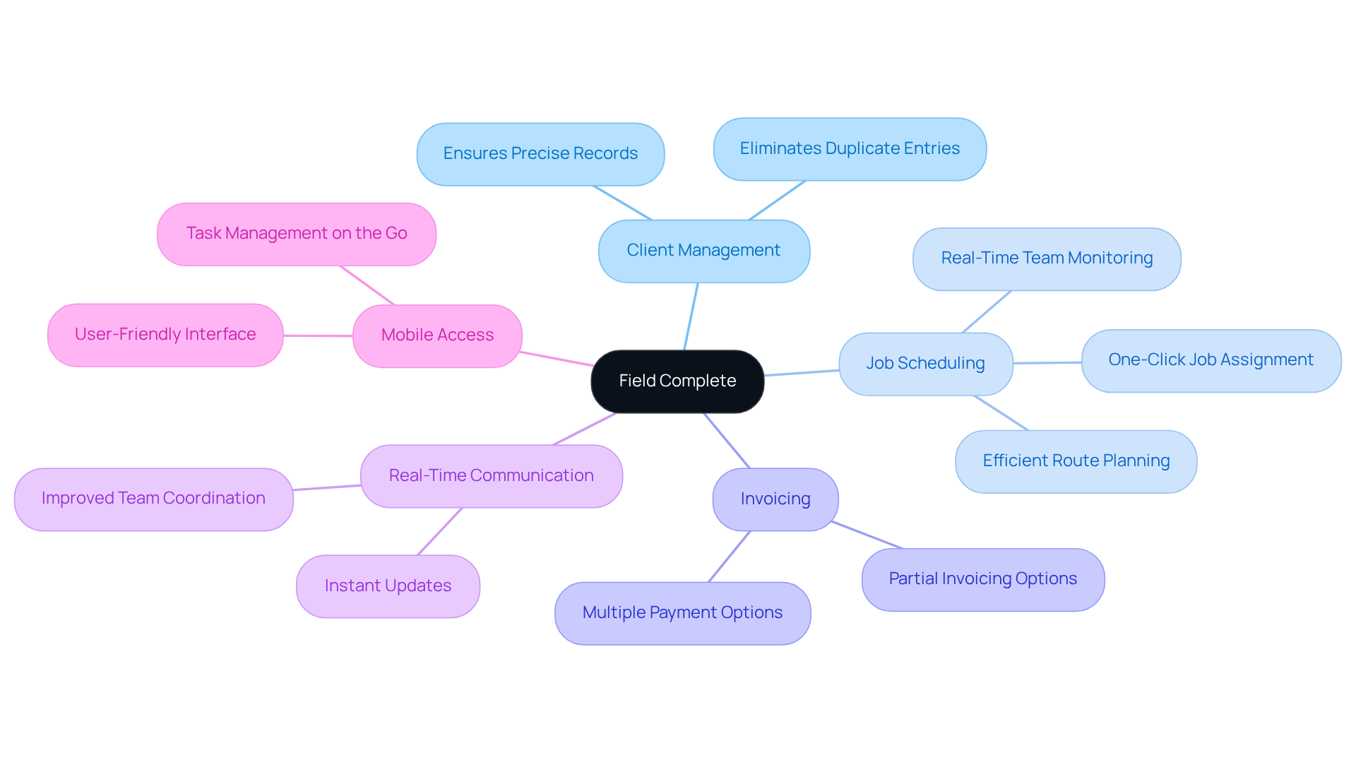 The central node represents the software, while the branches show its key features. Each sub-branch highlights specific advantages or real user experiences, helping you understand how Field Complete can transform operations.