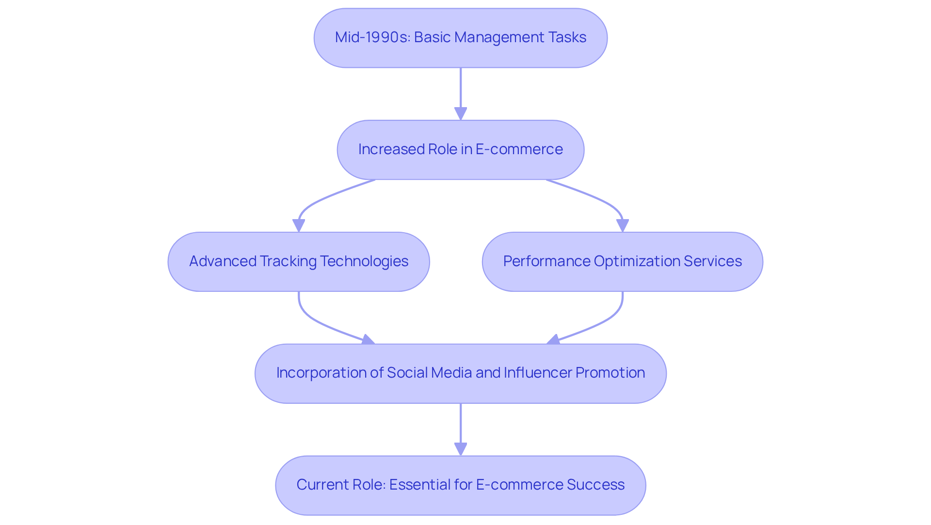 This flowchart shows how affiliate management agencies have evolved over time. Each box represents a key stage in their development, illustrating how their roles have expanded and adapted to meet the needs of the e-commerce landscape. This flowchart shows how affiliate management agencies have evolved over time. Each box represents a key stage in their development, illustrating how their roles have expanded and adapted to meet the needs of the e-commerce landscape.