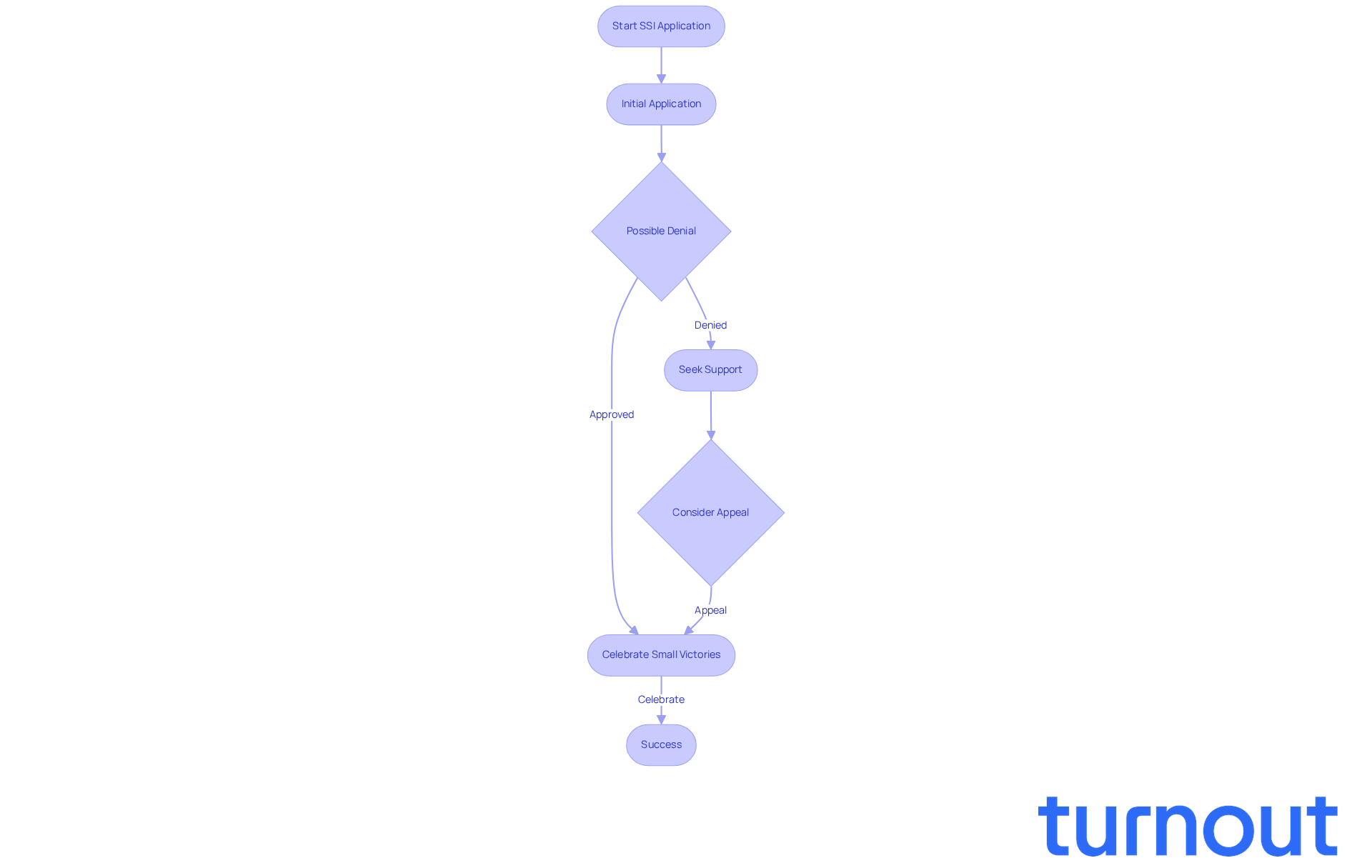 Follow the arrows to see the steps in the SSI application journey. Each stage represents a part of the process, and the flowchart shows how persistence and support can lead to success.