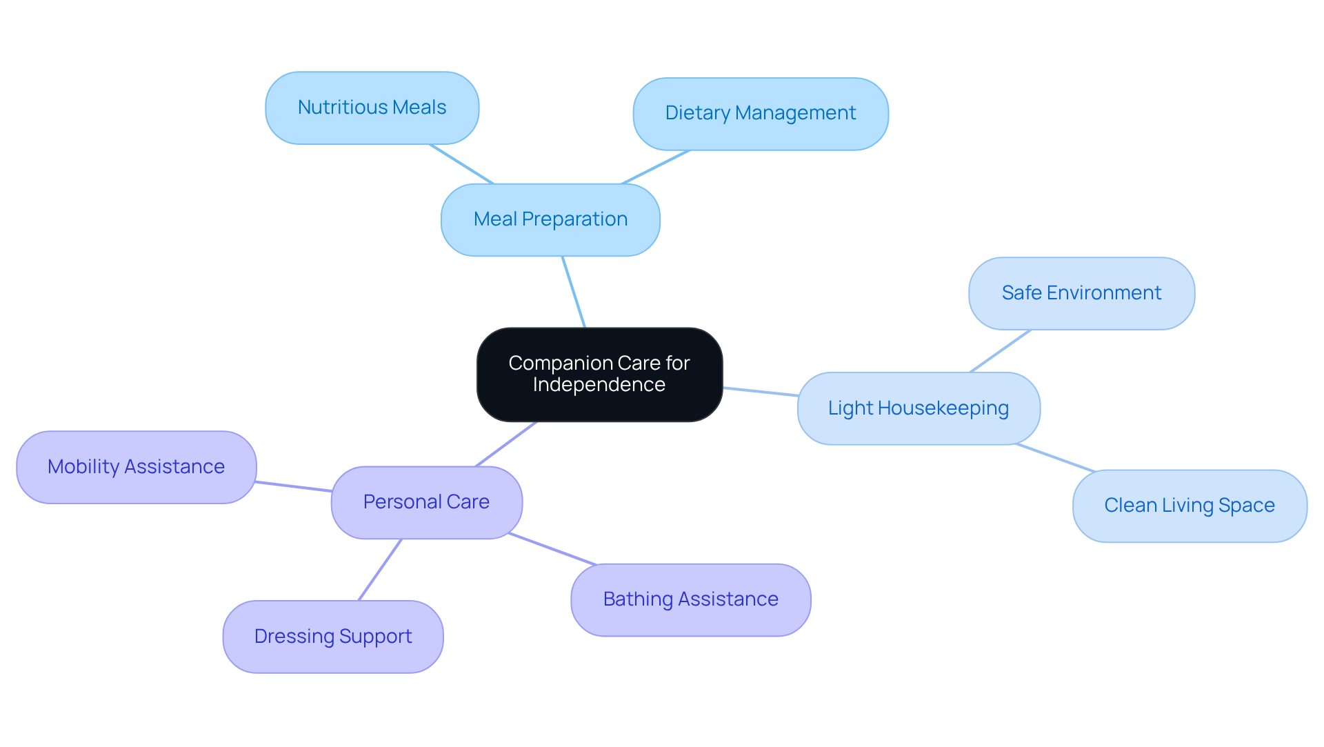 The central idea represents the role of companion care, and the branches show how different types of assistance help seniors maintain their independence and dignity.