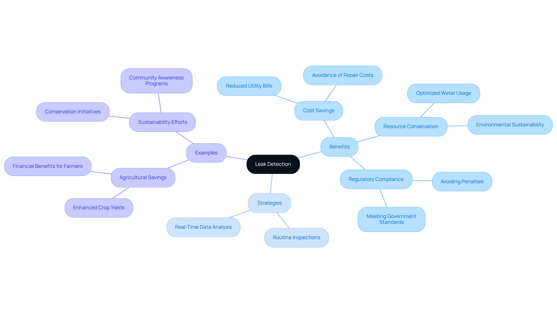 The central node represents the main topic of leak detection. Each branch shows a different aspect, such as benefits or strategies, helping you see how they connect and contribute to effective resource management.