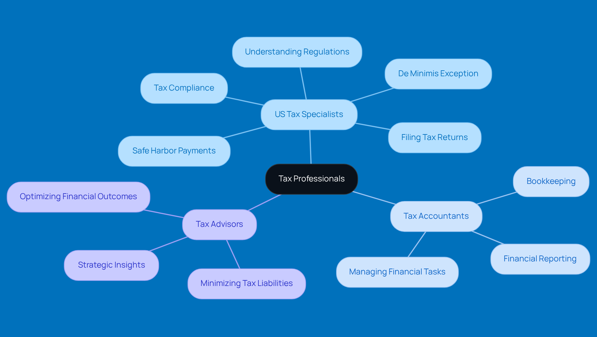 This mindmap shows the different types of tax professionals and what they do. Start at the center with 'Tax Professionals', then follow the branches to see the specific roles and responsibilities of each type. Each color represents a different category, making it easy to understand who does what in the tax world.