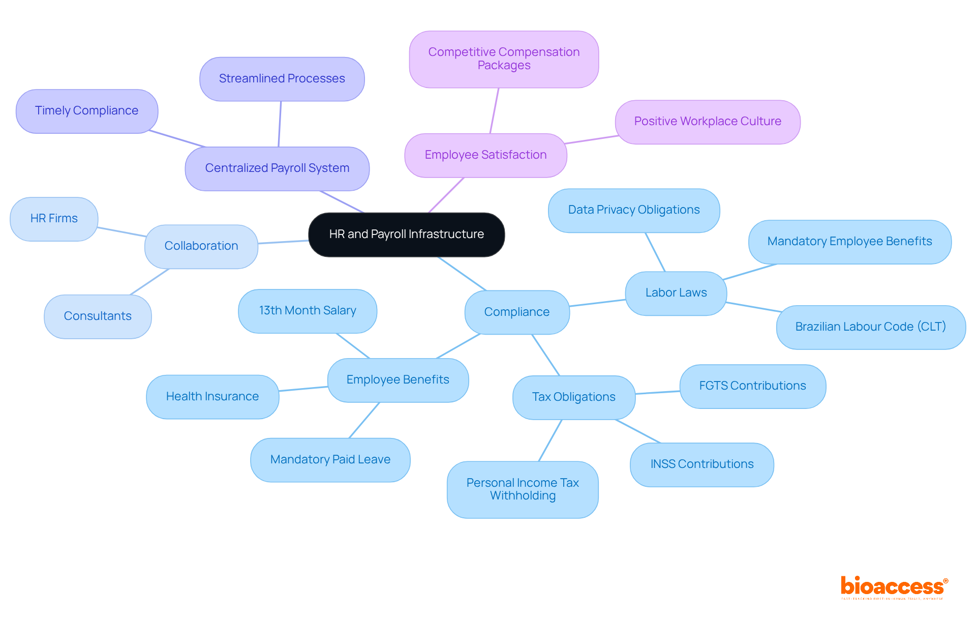 The center represents the main focus on HR and payroll infrastructure. Each branch shows a key area of consideration, with further details branching out to explain specific aspects. This layout helps visualize how these elements connect and support compliance and efficiency. The center represents the main focus on HR and payroll infrastructure. Each branch shows a key area of consideration, with further details branching out to explain specific aspects. This layout helps visualize how these elements connect and support compliance and efficiency.