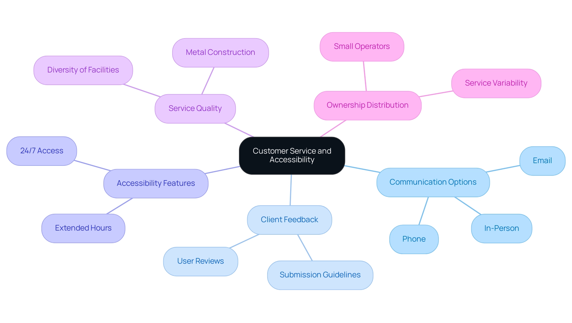 Each branch represents a key theme related to customer service and accessibility, with colors indicating distinct categories.