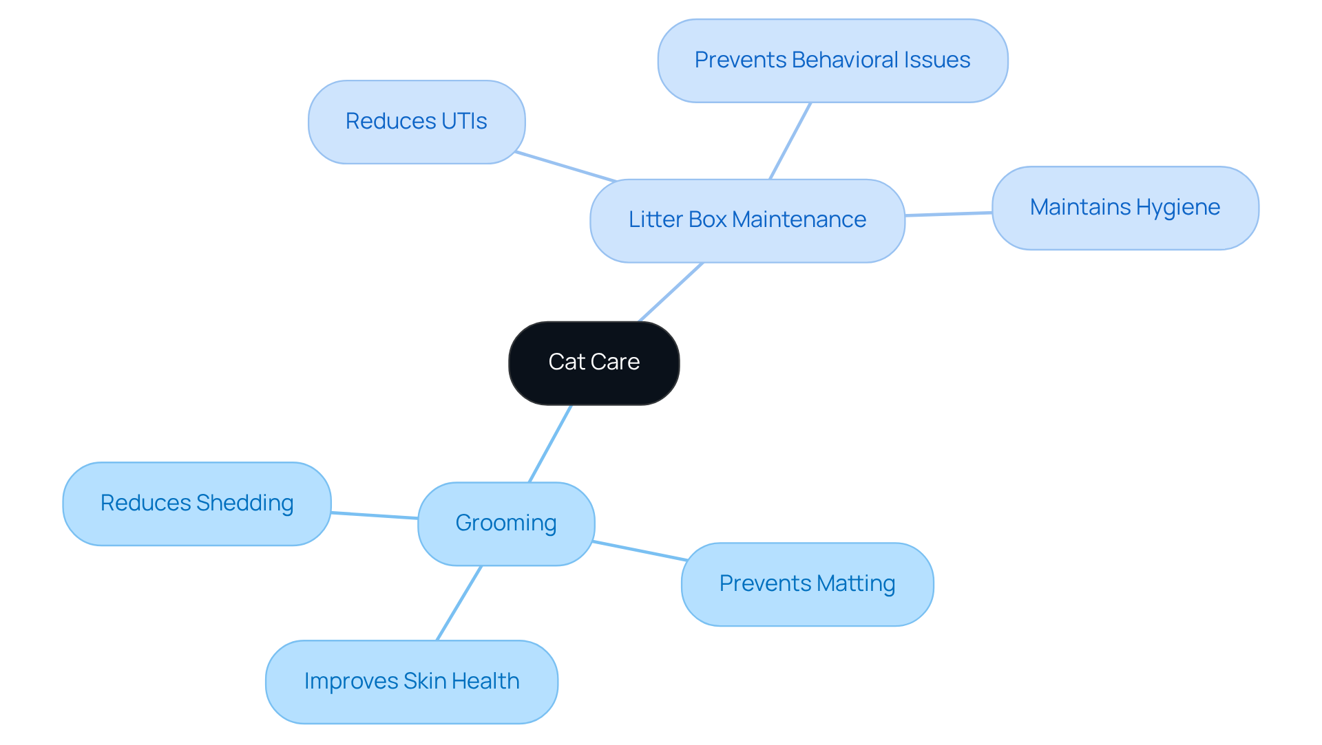 This mindmap shows the key aspects of grooming and litter box care. Each branch highlights important benefits and potential issues. Follow the branches to see how proper care leads to a happier, healthier cat.