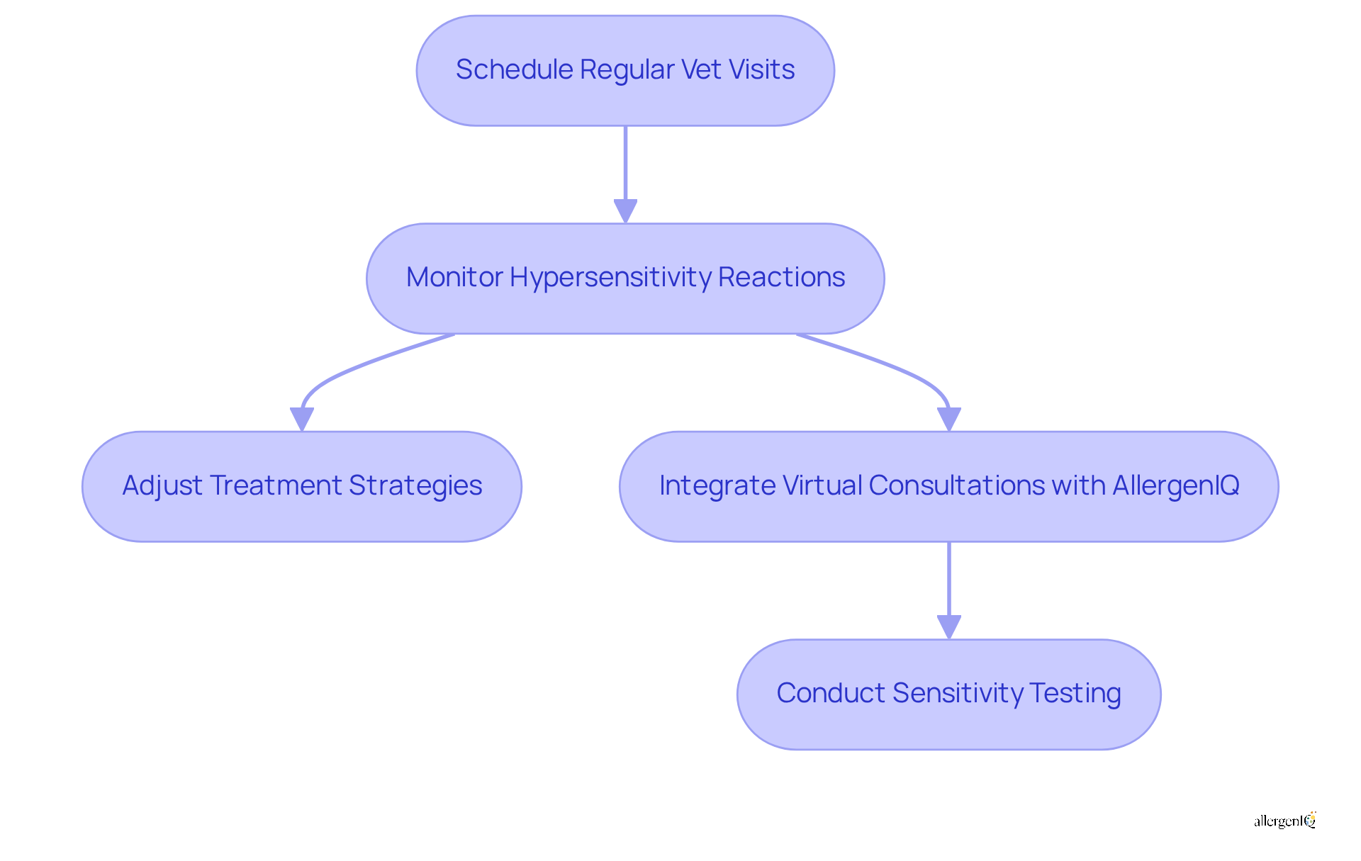 Follow the arrows to see how each step connects in managing your pet's health and reducing allergens. Each box represents an important action to take for a healthier pet and a more comfortable home.