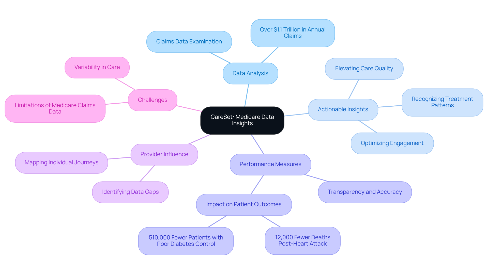 The center represents CareSet's focus, while the branches show key areas of insight and concern. Each branch connects to specific details that provide a deeper understanding of how Medicare data impacts healthcare performance.