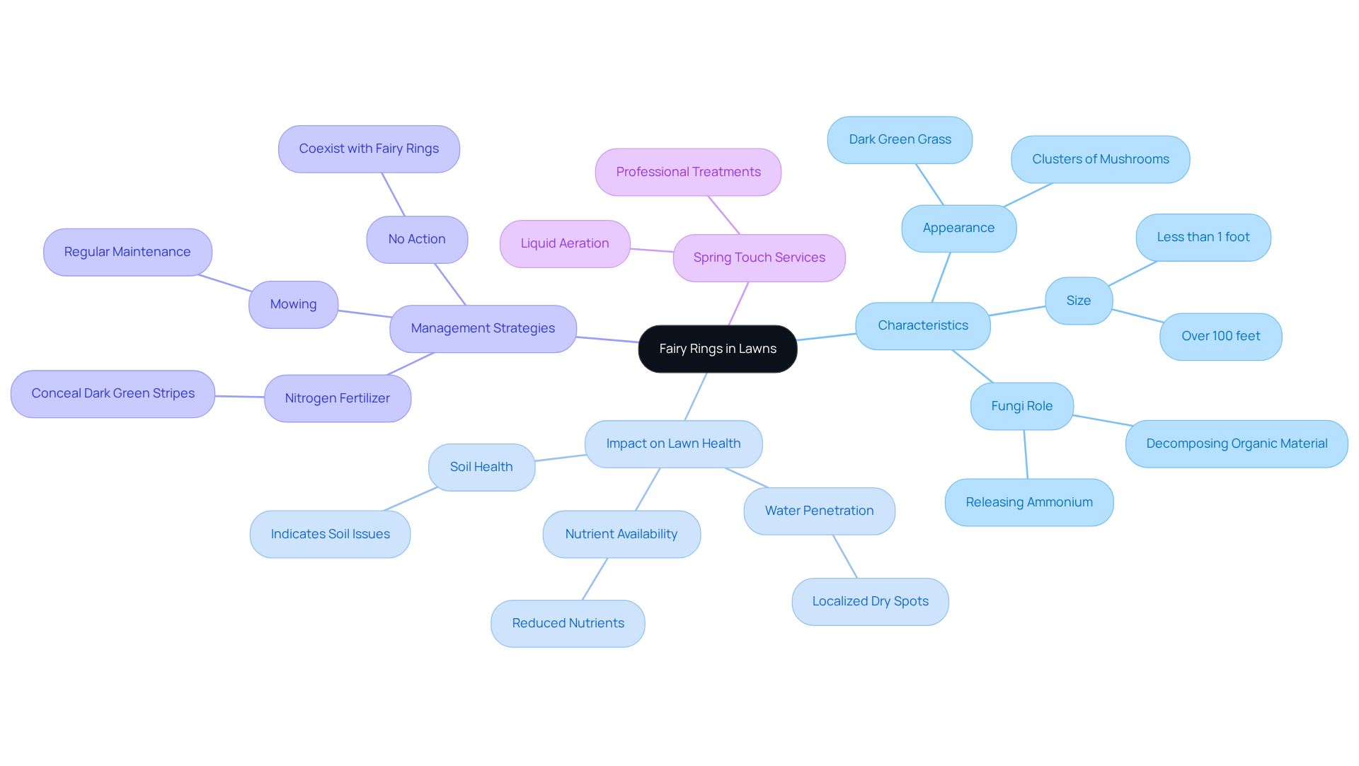 The central node represents fairy rings, with branches showing their characteristics, impacts, management strategies, and services offered. Each branch helps you explore different aspects of fairy rings and how to manage them effectively.