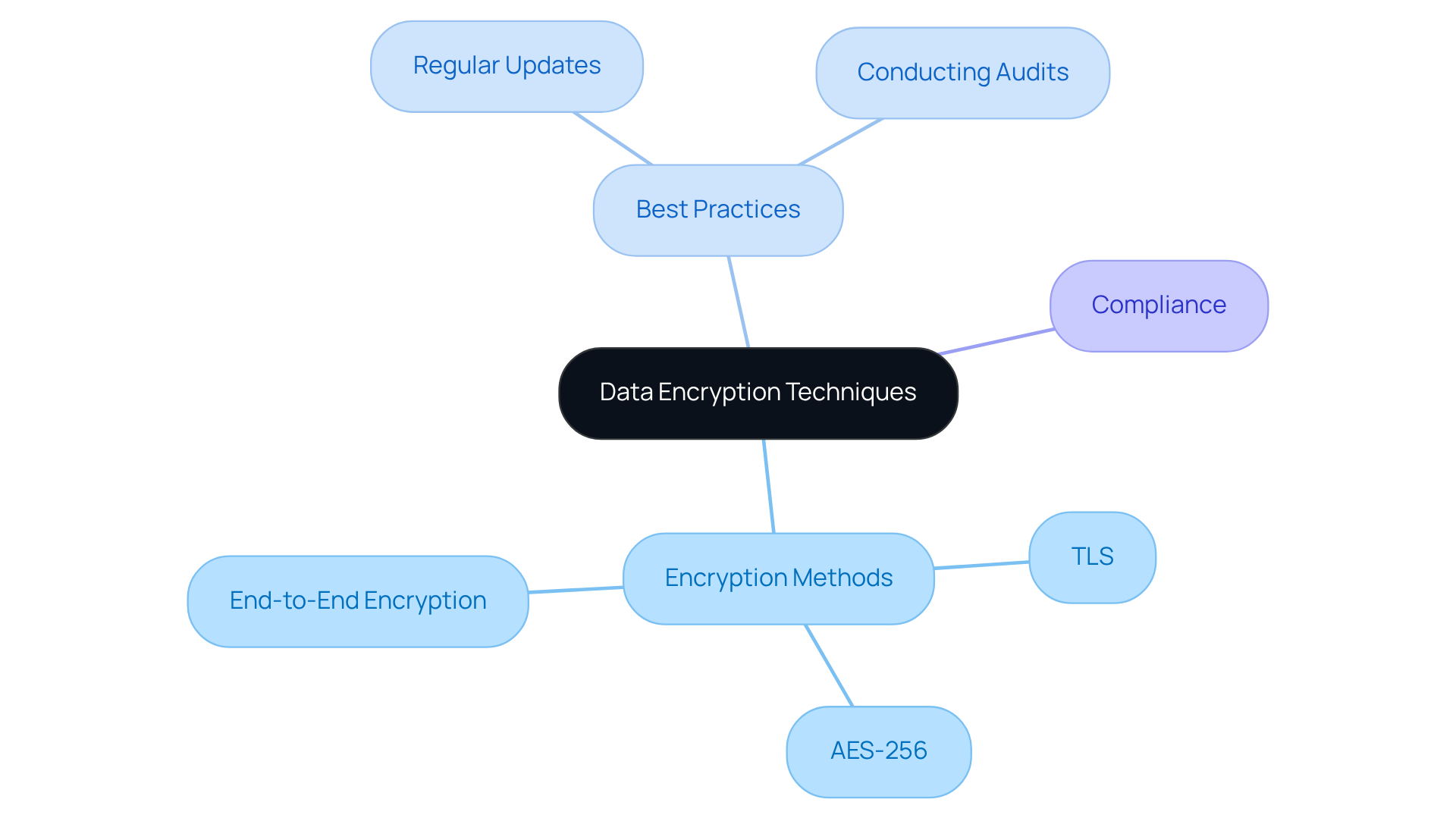 The center represents the main topic of data encryption, with branches showing different methods and practices to enhance security. Each branch helps you see how these elements work together to protect sensitive information.