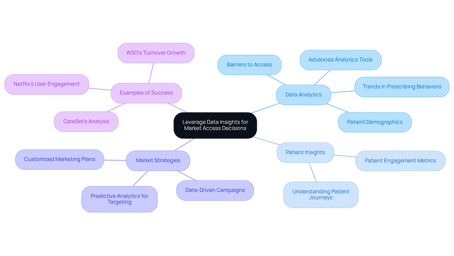 The central idea represents the importance of data insights in decision-making. Each branch explores a different aspect of market access, showing how data can inform strategies and improve outcomes. The central idea represents the importance of data insights in decision-making. Each branch explores a different aspect of market access, showing how data can inform strategies and improve outcomes.