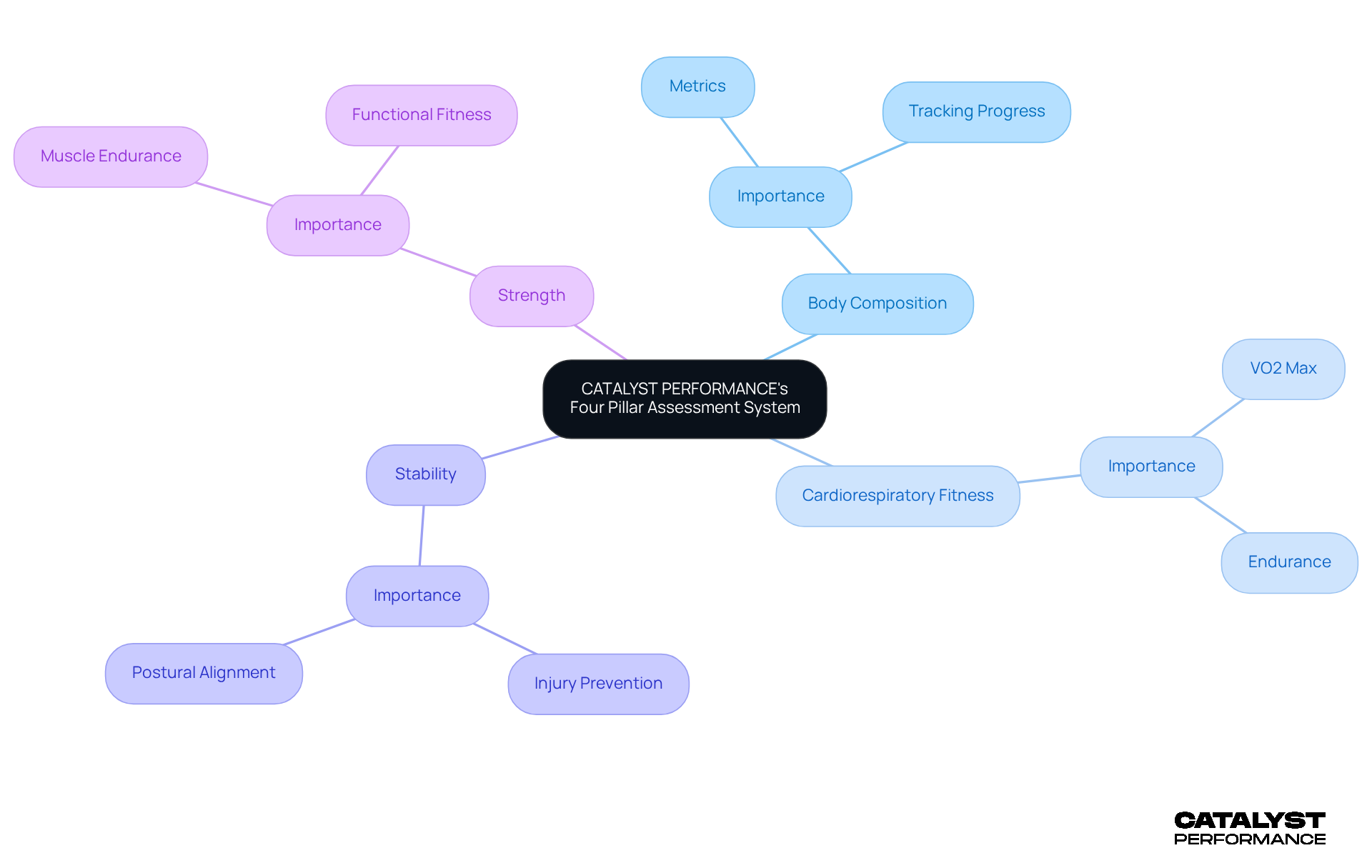 Start at the center with the main assessment system, then follow the branches to explore each health pillar. Each color-coded branch represents a key area of focus, helping you see how they all connect to improve training outcomes.