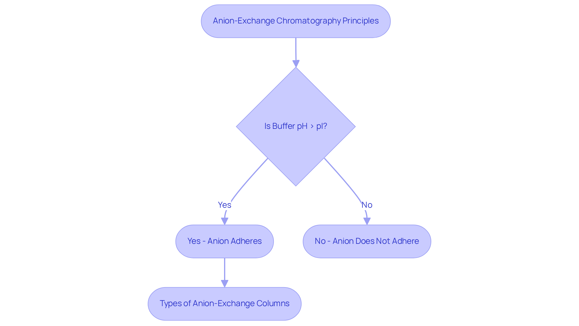 This flowchart outlines the steps and decisions involved in anion-exchange chromatography, showing how the pH and isoelectric point influence anion binding, leading to the choice of column type.