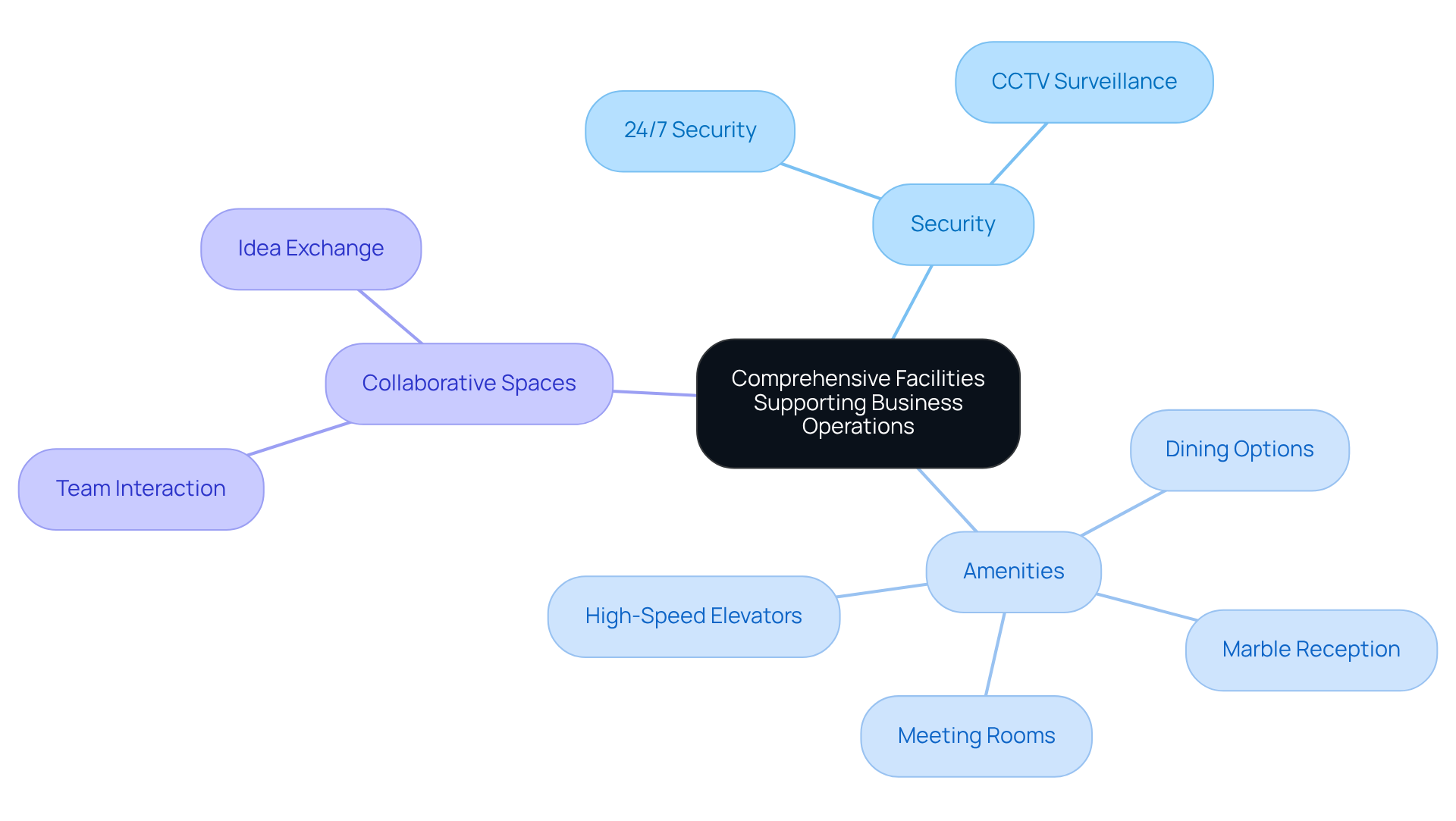 The central node represents the overall theme, while the branches show different facilities and features. Each sub-branch highlights specific aspects that contribute to a productive work environment.