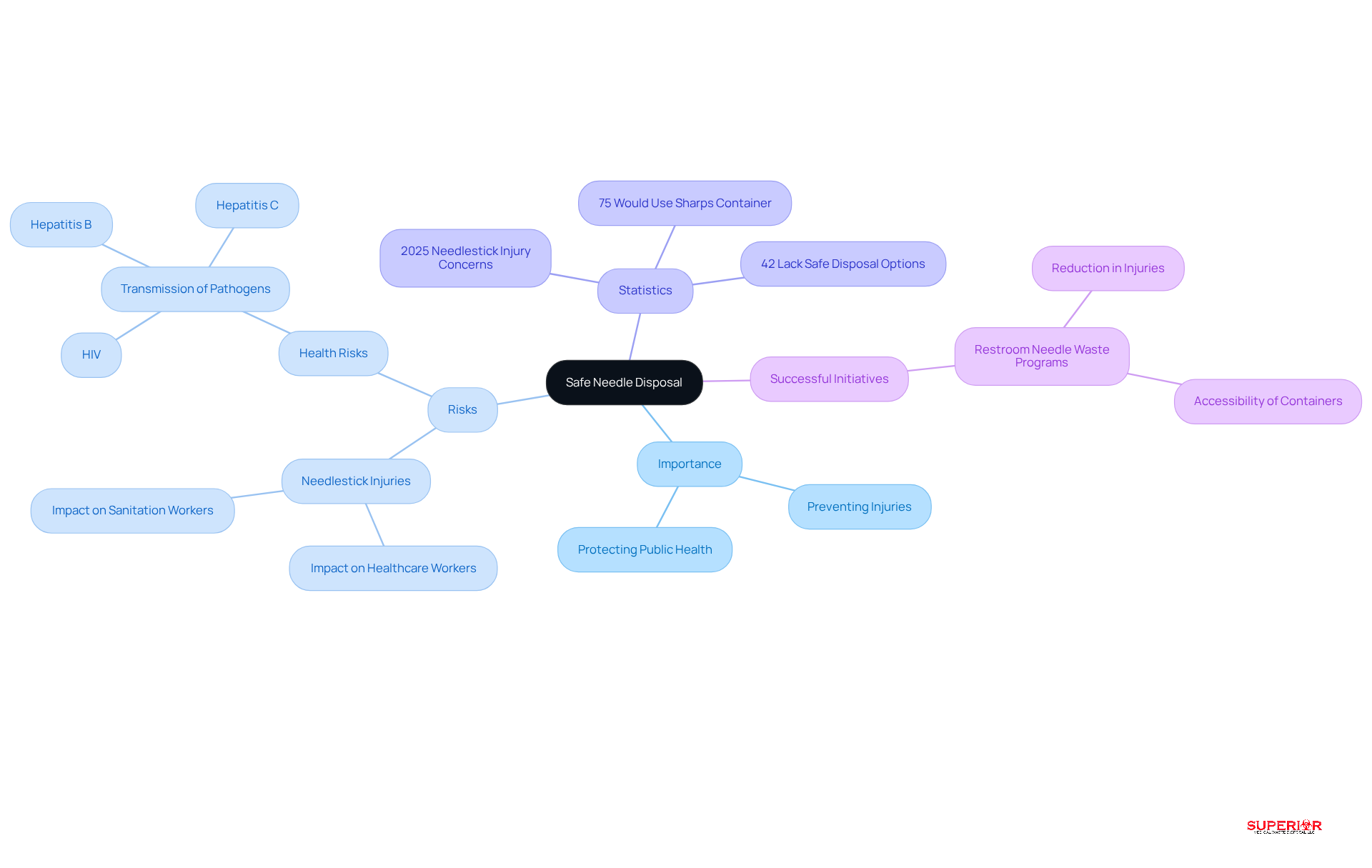 The center represents the main topic of safe needle disposal, with branches showing related risks, statistics, and successful programs that help prevent injuries. Each branch helps you see how these elements connect to the overall goal of safety.