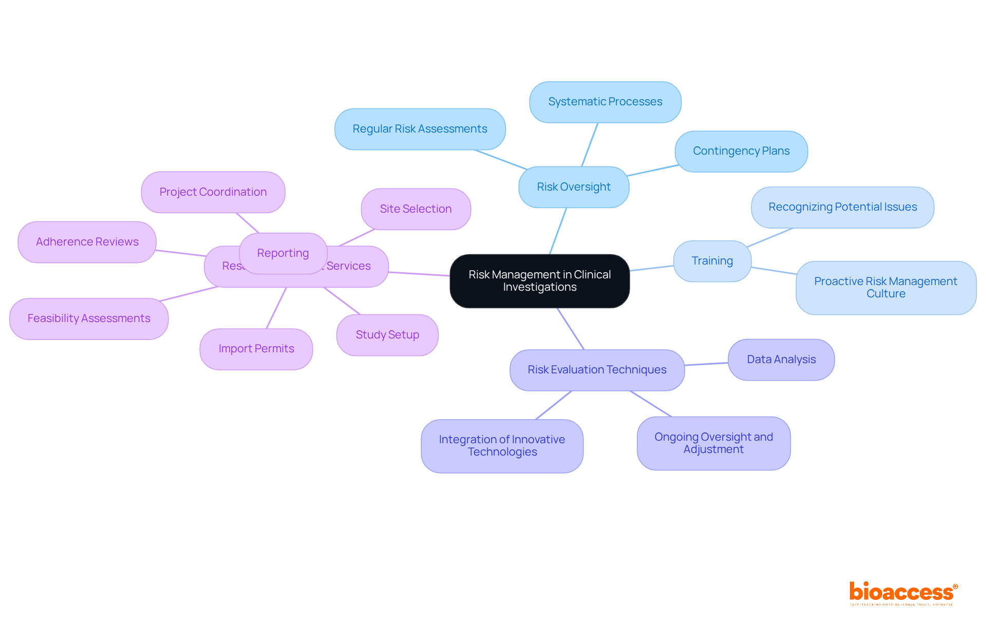 The center of the map shows the main topic, and the branches represent different aspects and services related to risk management. Each color-coded branch helps you see how they relate to the central theme.