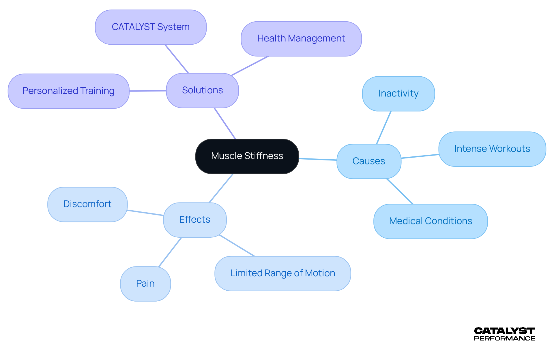 The central node represents muscle stiffness, while the branches show its causes, effects, and solutions. Each color-coded branch helps you see how different aspects relate to the main topic. The central node represents muscle stiffness, while the branches show its causes, effects, and solutions. Each color-coded branch helps you see how different aspects relate to the main topic.