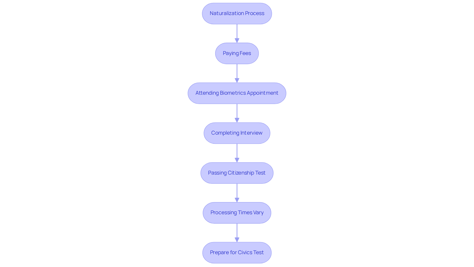 Follow the arrows to see each step you need to take to become a citizen. Each box represents a task you must complete, and the notes at the bottom remind you about processing times and the civics test.