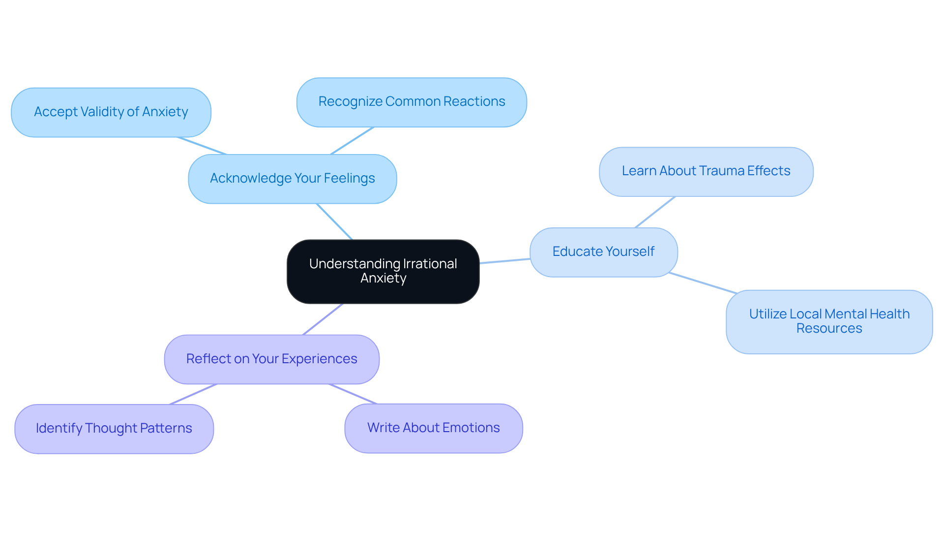 This mindmap starts with the central theme of irrational anxiety and branches out into strategies for managing it. Each branch represents a different approach, and the sub-branches provide more details on how to implement these strategies. Follow the branches to explore how each strategy connects to the overall understanding of anxiety.