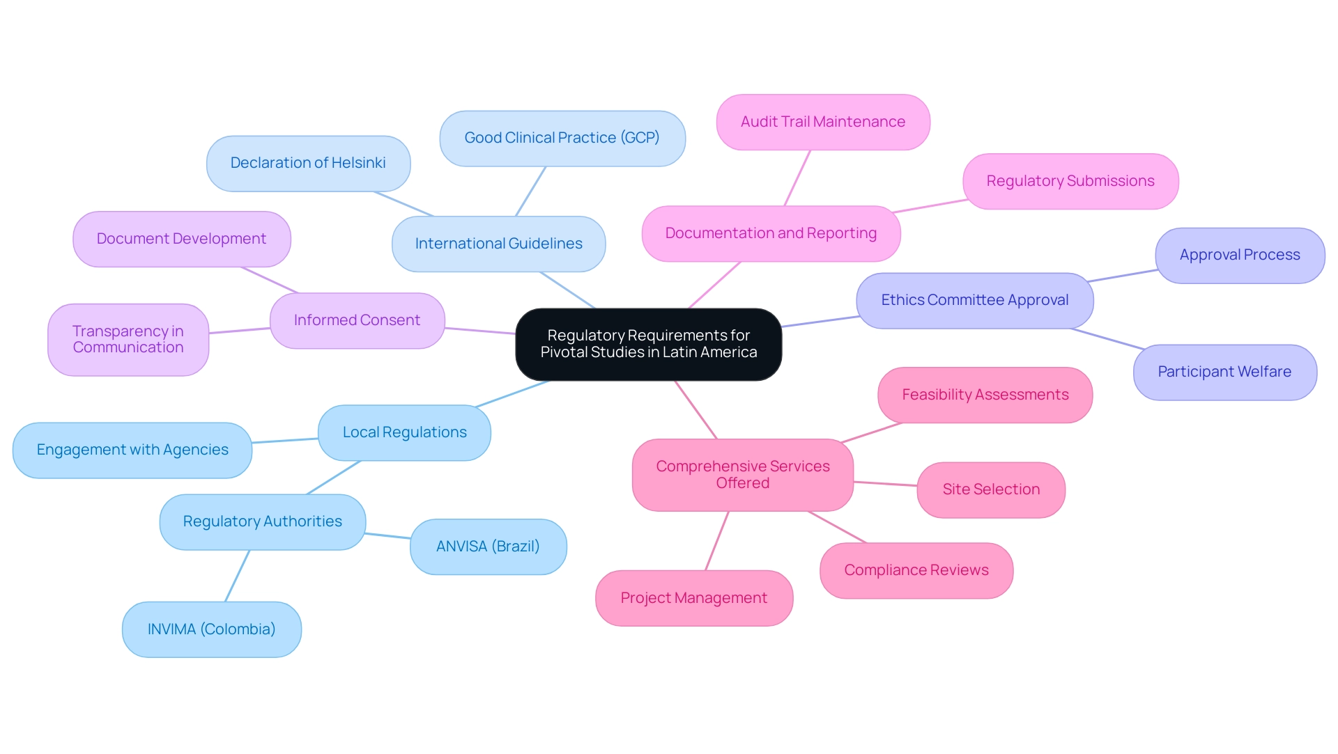 The central node represents the overarching theme, with branches for each key component of regulatory compliance and sub-branches detailing specific requirements and processes.