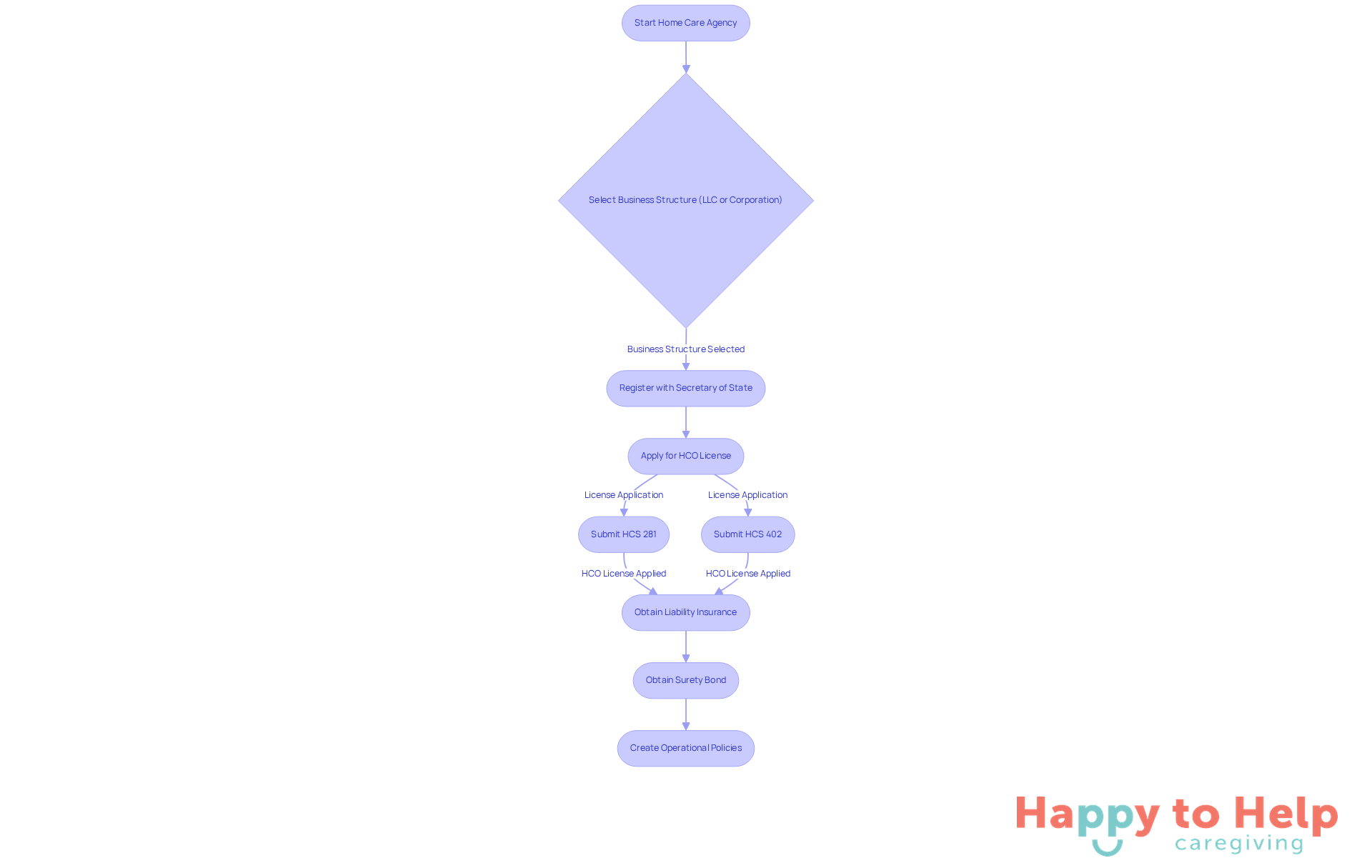 Follow the arrows to see the steps needed to start your agency. Each box represents a key action or decision point in the process.