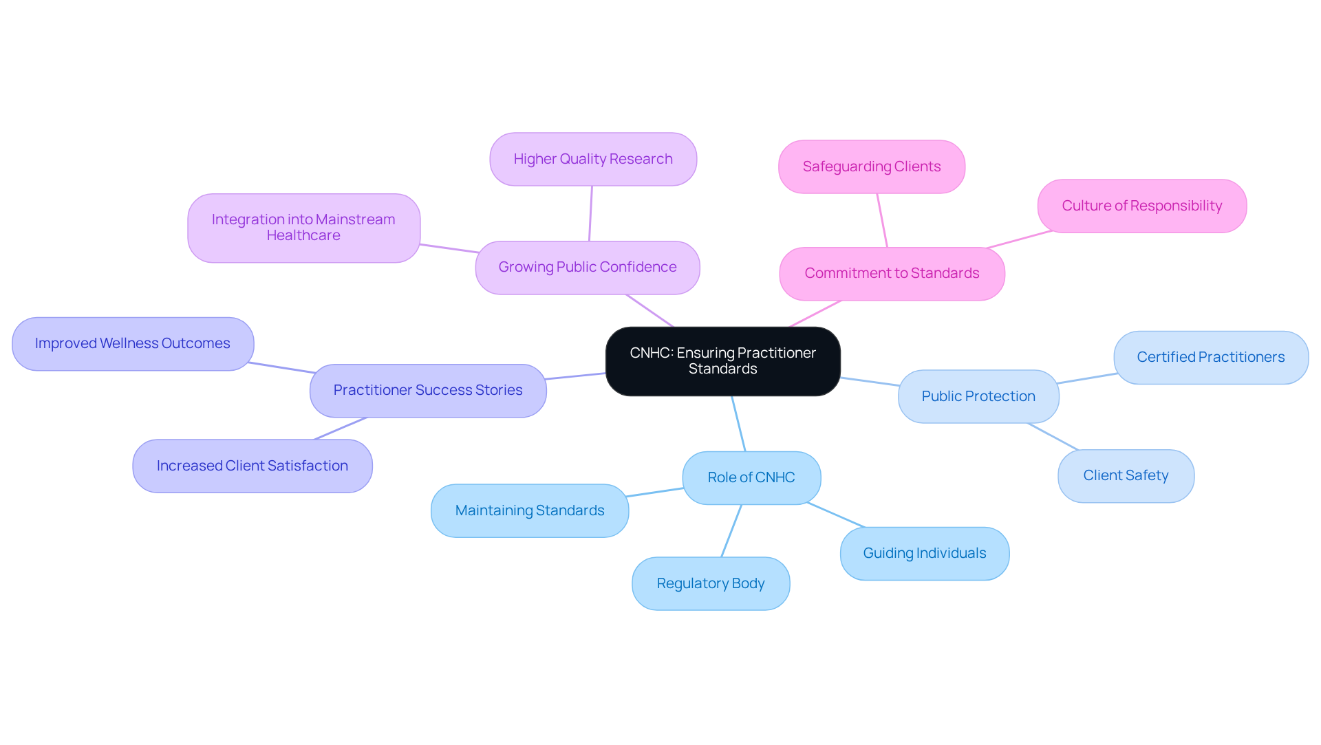 The central node represents the CNHC's mission, while the branches illustrate its various functions and impacts. Each branch shows how the CNHC contributes to safe and effective healthcare.
