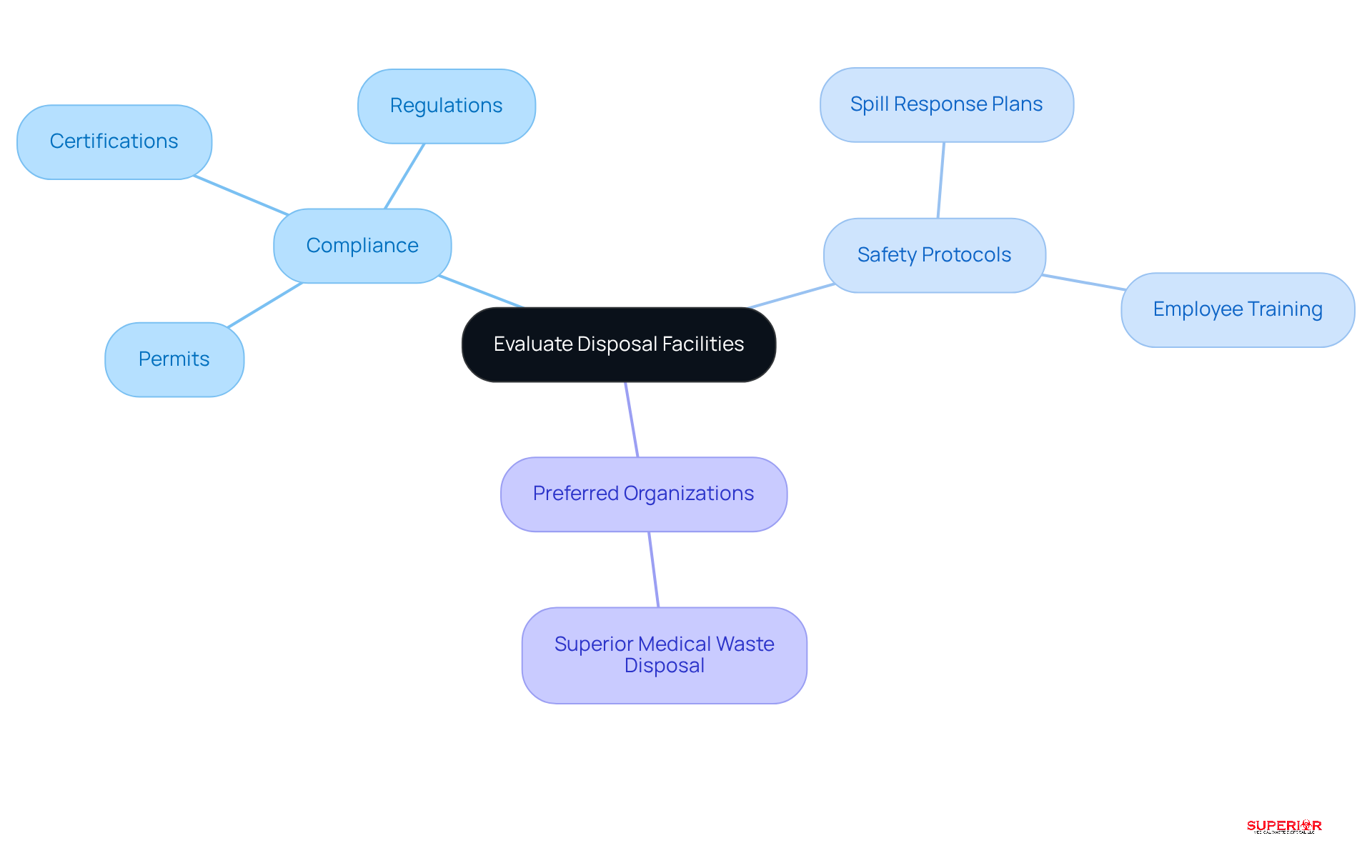 The center represents the main evaluation topic, with branches showing the key criteria and examples. Each branch helps you understand what to look for when selecting a disposal facility.