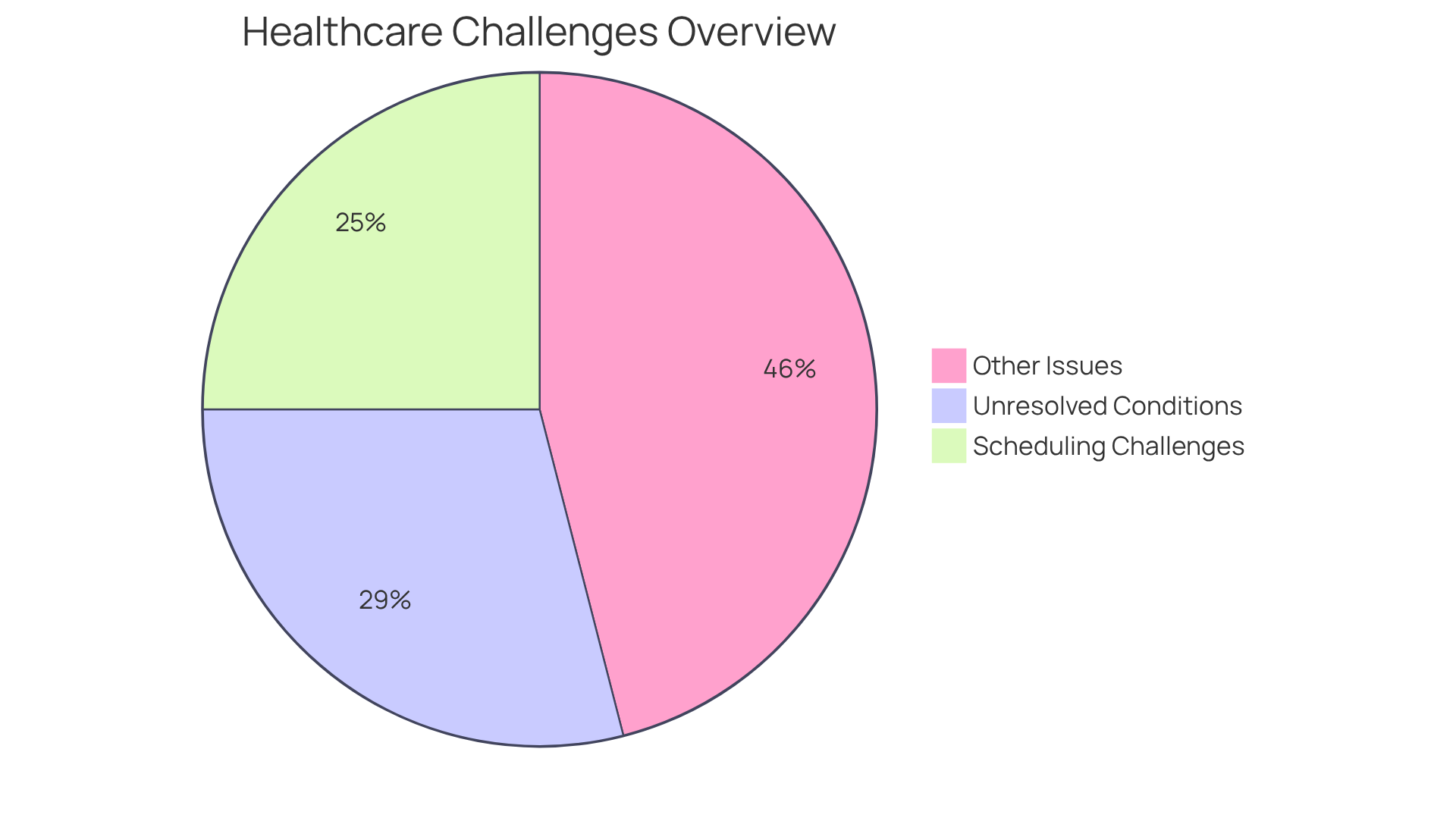 Each slice of the pie shows the percentage of individuals facing specific challenges in healthcare — a bigger slice means more people are affected by that issue.