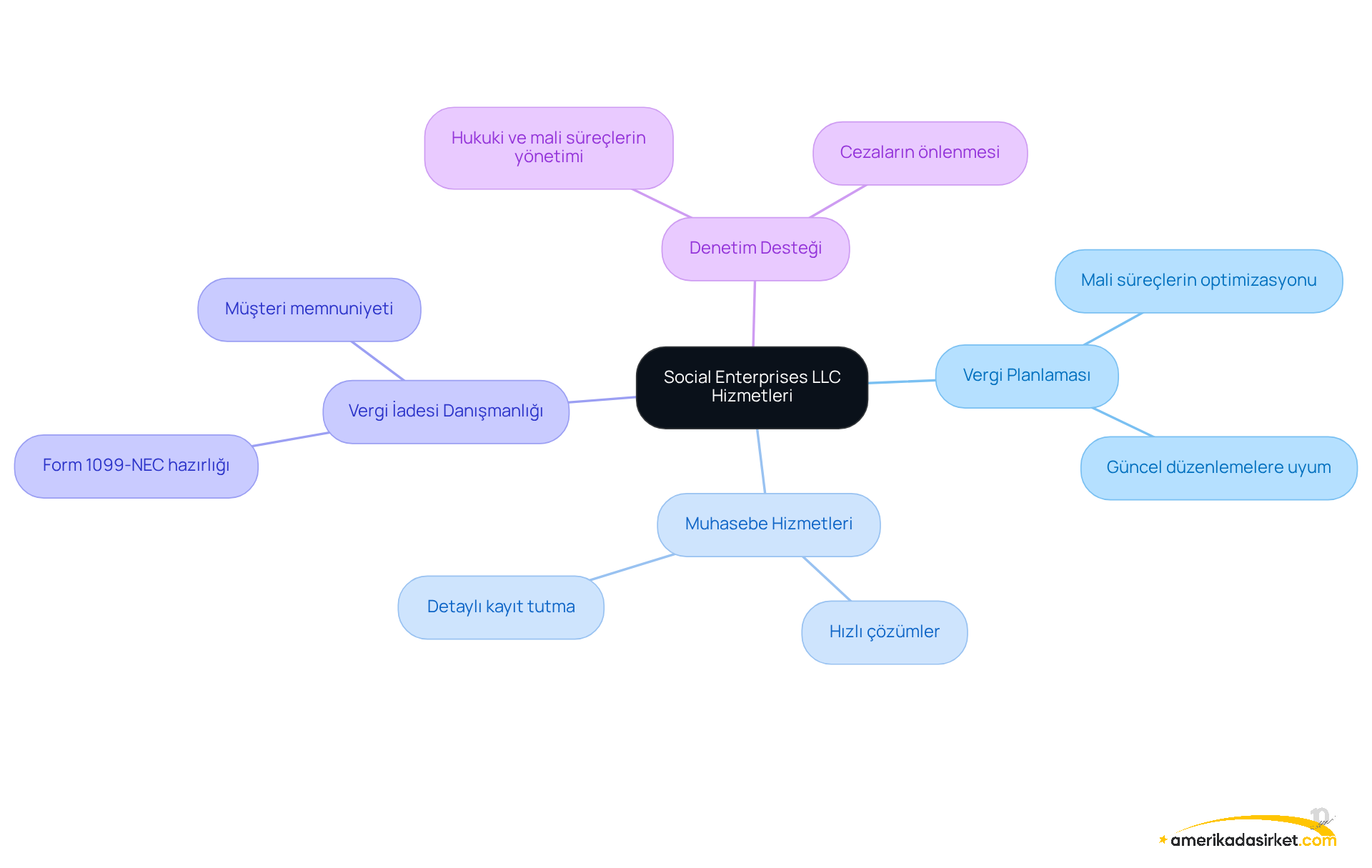 Merkezdeki başlık, şirketin sunduğu hizmetleri temsil ediyor. Dallar, her bir hizmetin detaylarını ve bu hizmetlerin nasıl iş süreçlerini kolaylaştırdığını gösteriyor. Renkler, her hizmetin farklılığını vurgulamak için kullanılıyor.