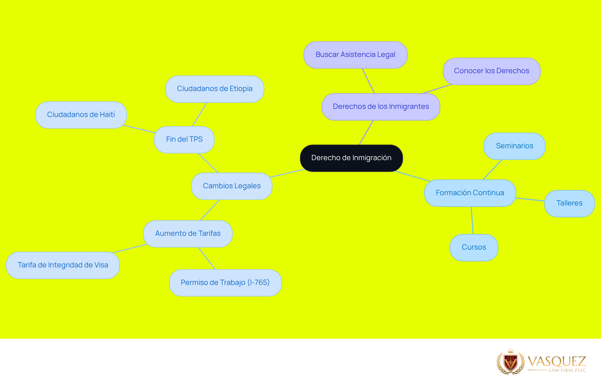 El nodo central representa el derecho de inmigración, y las ramas muestran las áreas clave que los profesionales deben conocer. Cada subtema proporciona detalles importantes que ayudan a entender mejor el contexto y los desafíos en este campo.