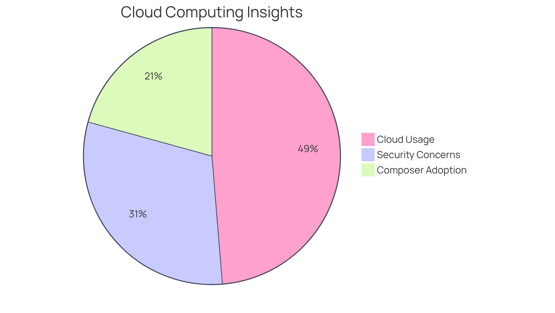 Each slice of the pie shows a different aspect of cloud computing in finance: the blue slice indicates how many financial institutions have adopted Google Cloud Composer, the green slice shows the overall enterprise usage of cloud computing, and the red slice highlights the percentage of organizations worried about information security.