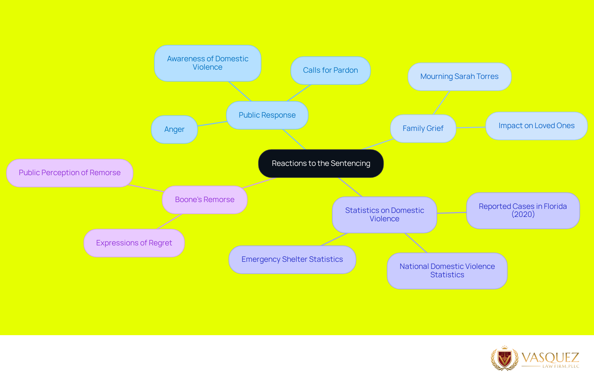 This mindmap illustrates the various reactions to the sentencing of Boone. Start at the center with the main topic, then explore how public sentiment, family grief, and statistics on domestic violence connect to the overall issue. Each branch represents a different aspect of the reactions, helping you understand the complexity of the situation.