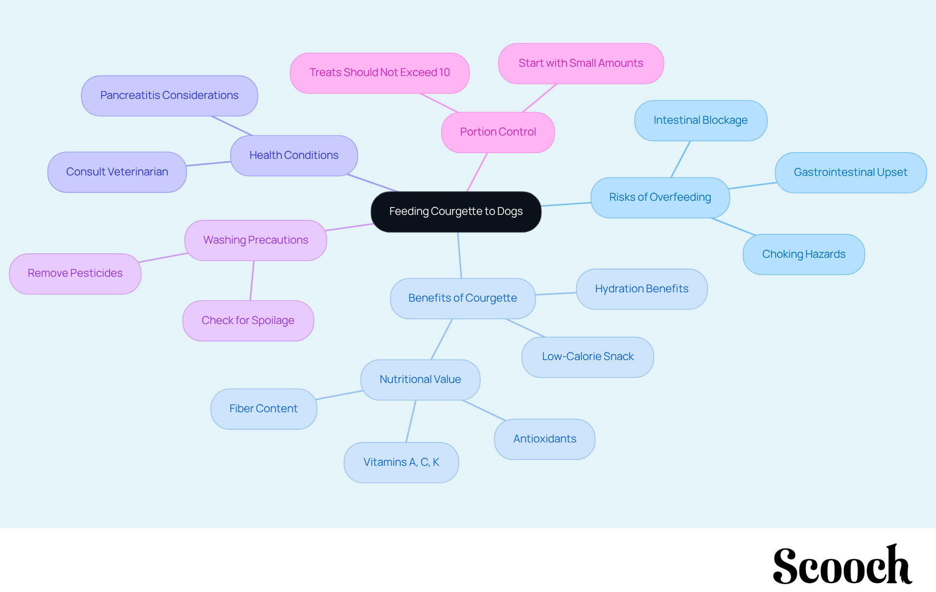 The central node shows the main topic of feeding courgette to dogs, while the branches detail important precautions and benefits — follow the branches to explore each aspect.