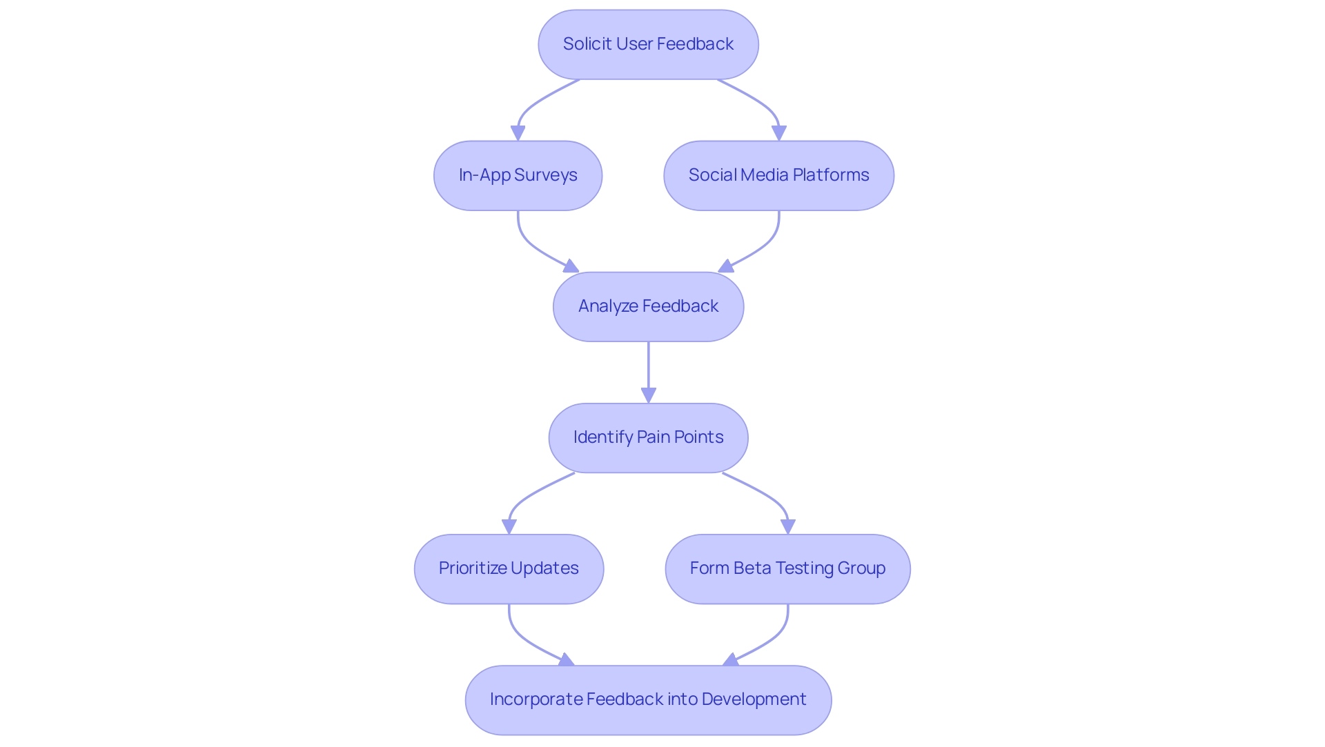 Each box represents a step in the process of incorporating user feedback, with arrows indicating the sequence of actions from soliciting feedback to incorporating it into development.