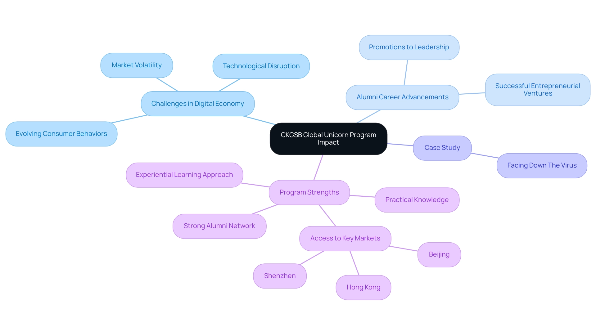 The central node represents the program's impact, with branches showing the key challenges, alumni successes, and program strengths, each color-coded for clarity.