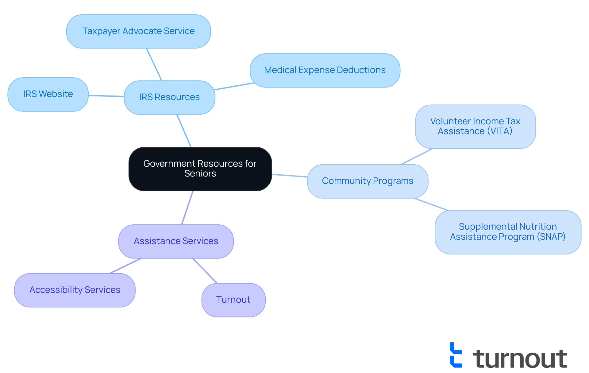 The center node represents the main theme of government support for seniors. Each branch signifies a category of resources, and the sub-branches detail specific programs or tools available to help with tax obligations. The center node represents the main theme of government support for seniors. Each branch signifies a category of resources, and the sub-branches detail specific programs or tools available to help with tax obligations.