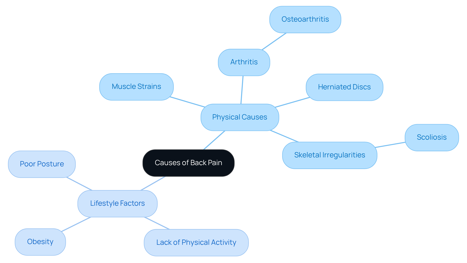 The central node represents the overall topic of back pain causes. The branches show different categories of causes, with further details on specific triggers. This layout helps you understand how various factors contribute to back pain. The central node represents the overall topic of back pain causes. The branches show different categories of causes, with further details on specific triggers. This layout helps you understand how various factors contribute to back pain.