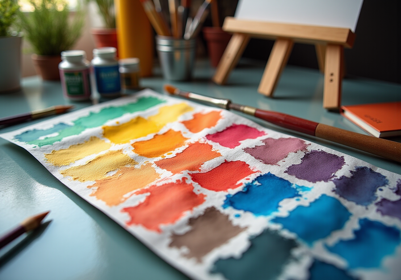 Vibrant Watercolor Palette in an Artist's Studio Vibrant Watercolor Palette in an Artist's Studio