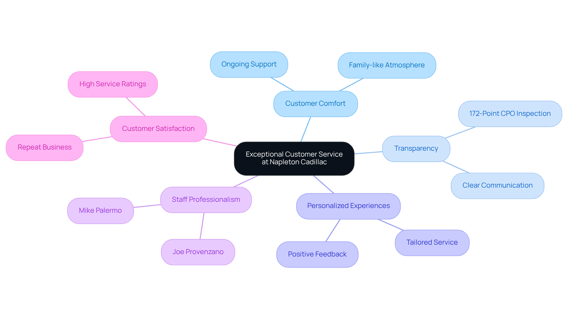 This mindmap illustrates how Napleton Cadillac prioritizes customer service. Start at the center with the main theme, then explore the branches that represent different aspects of their service approach. Each branch shows how they contribute to a positive car-buying experience. This mindmap illustrates how Napleton Cadillac prioritizes customer service. Start at the center with the main theme, then explore the branches that represent different aspects of their service approach. Each branch shows how they contribute to a positive car-buying experience.