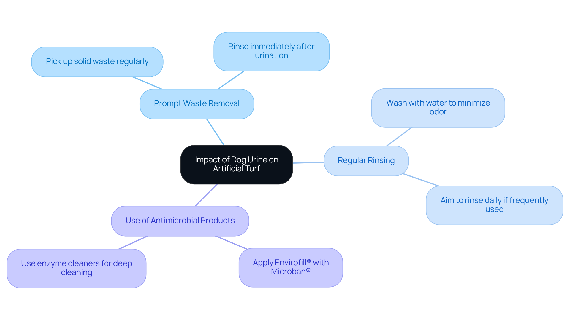 The center shows the main issue, and the branches represent strategies to keep your turf fresh and odor-free. Follow the branches to see specific actions you can take!