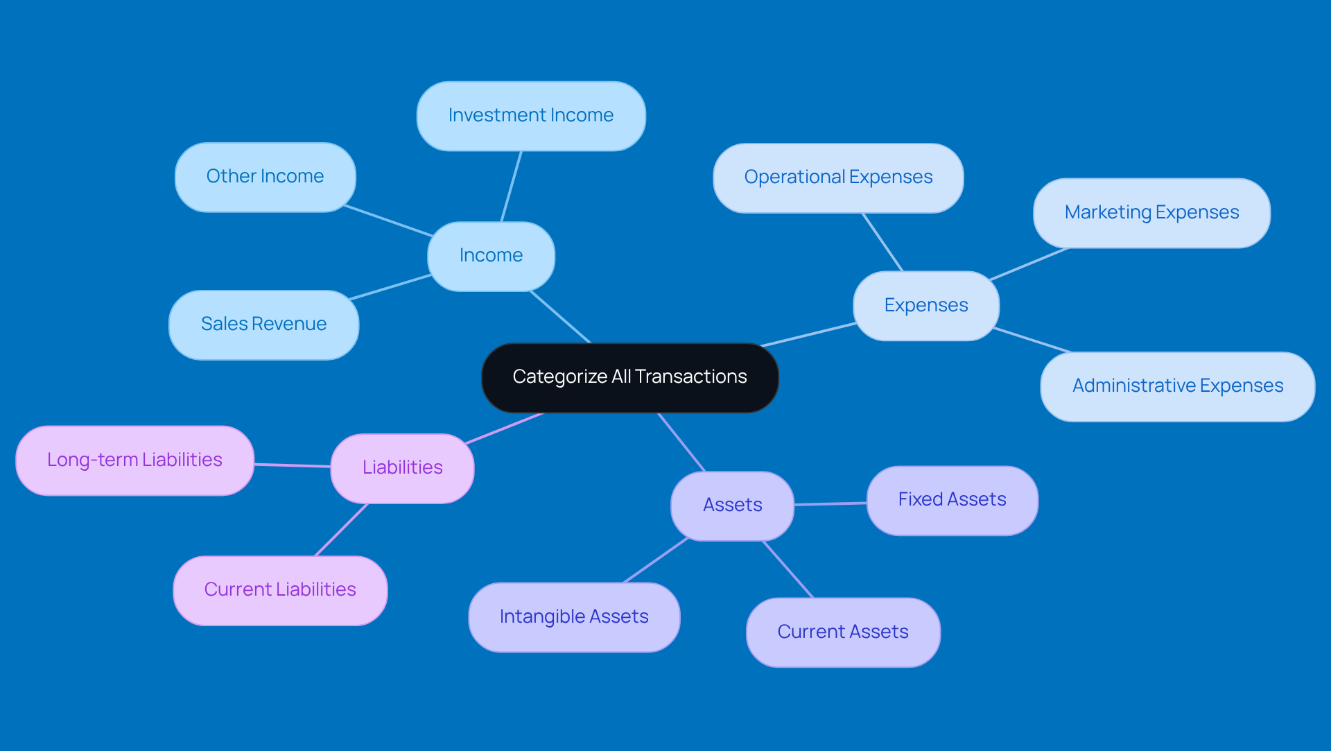 The center represents the main task of categorizing transactions, while the branches show the different categories you can sort your transactions into. Each color-coded branch helps you quickly identify the type of transaction. The center represents the main task of categorizing transactions, while the branches show the different categories you can sort your transactions into. Each color-coded branch helps you quickly identify the type of transaction.