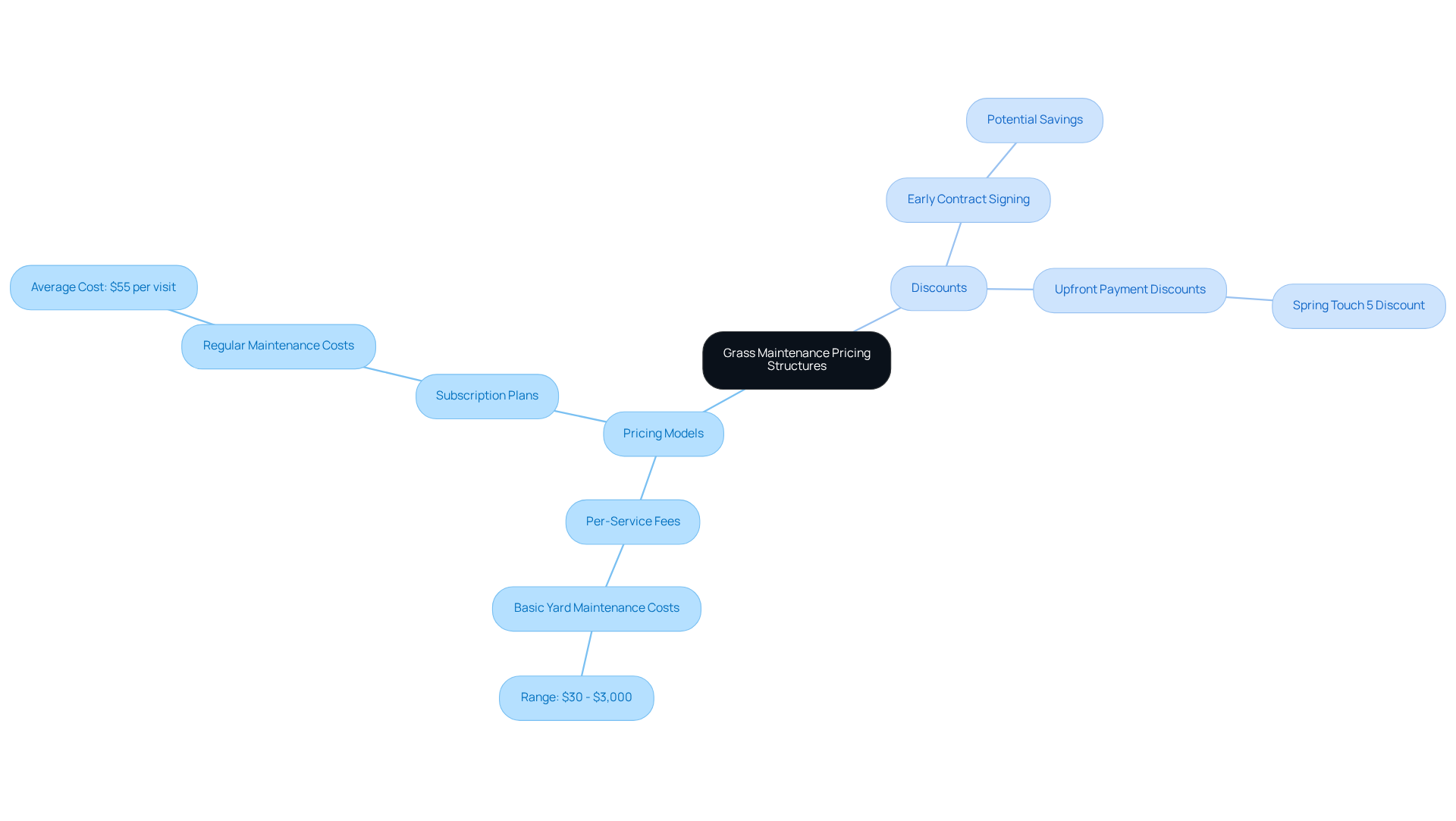 The central node represents the overall topic of pricing structures. The branches show different pricing models and discounts available, helping you visualize how to save money while choosing a grass maintenance service.