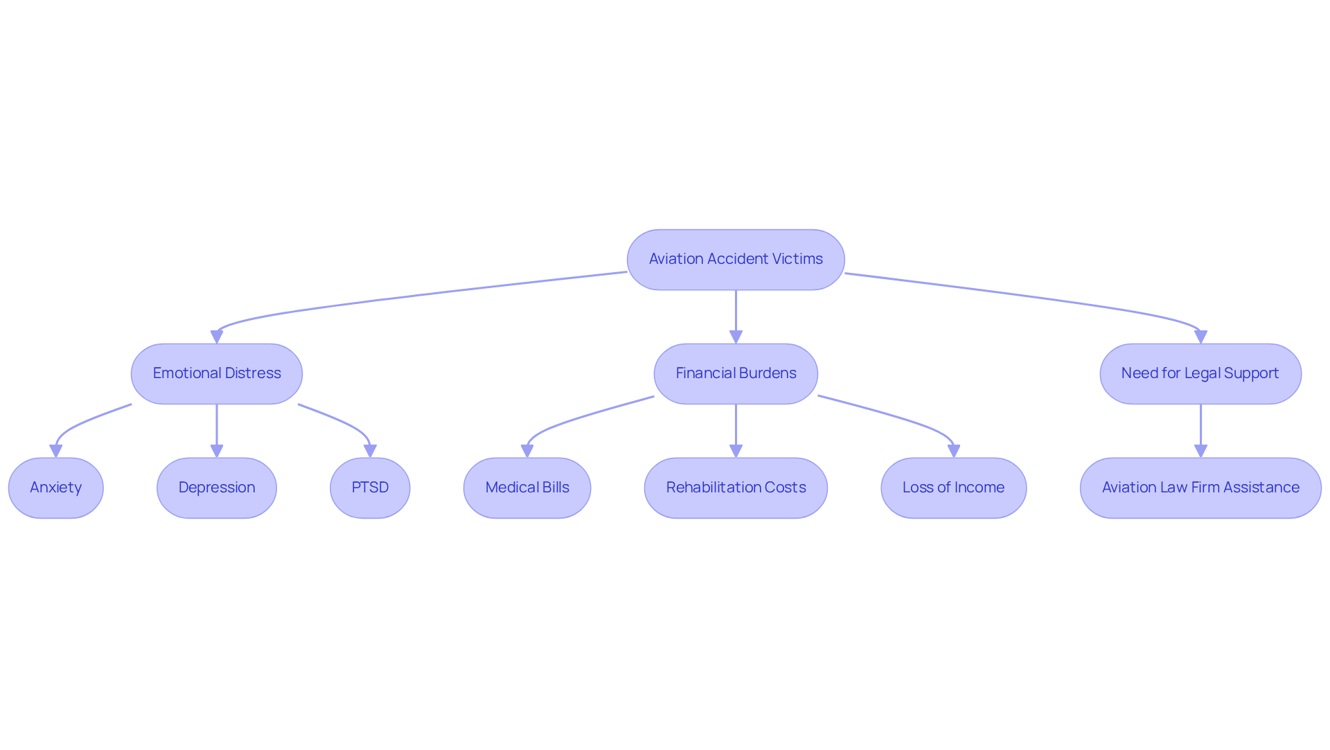 This flowchart illustrates the journey of aviation accident victims, starting from their traumatic experiences and leading to emotional and financial challenges. Each box represents a specific issue, and the arrows show how these challenges are interconnected. The final box highlights the importance of legal support in navigating these difficulties.