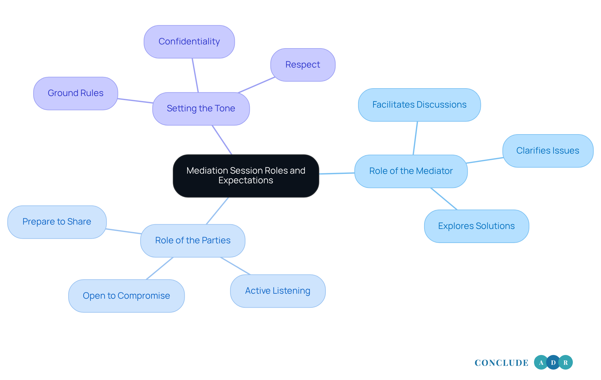The central node represents the mediation session, while the branches show the different roles and expectations. Each branch highlights key responsibilities and guidelines to help participants understand their part in the process.