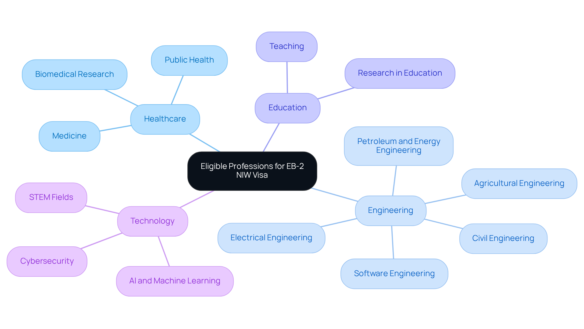 The center shows the main topic, and the branches represent different fields and roles that qualify for the visa. Each color-coded branch helps you quickly identify the area of interest.