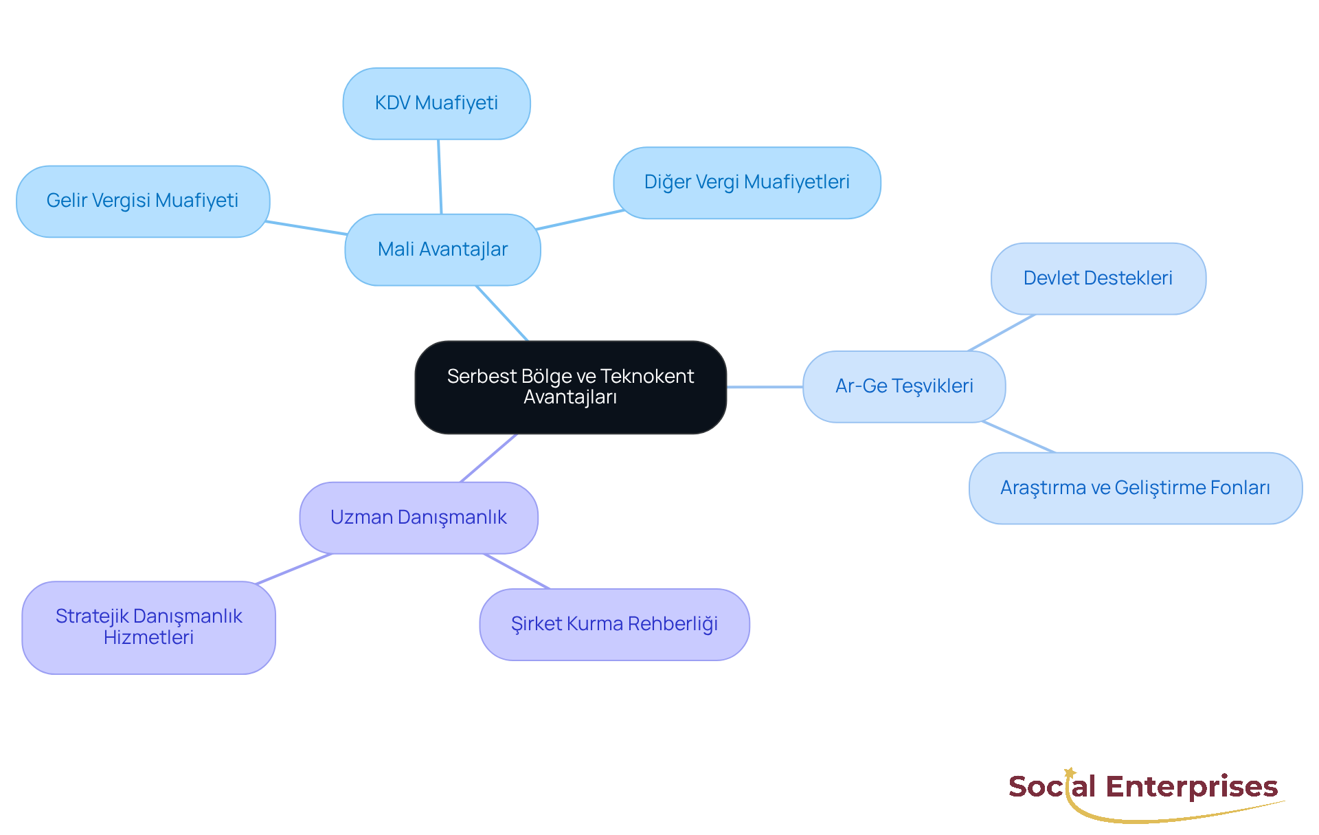 Merkezdeki ana fikirden başlayarak, serbest bölgelerin ve teknokentlerin sağladığı avantajları görebilirsiniz. Her dal, belirli bir avantaj veya destek alanını temsil eder, böylece hangi fırsatların mevcut olduğunu kolayca anlayabilirsiniz.