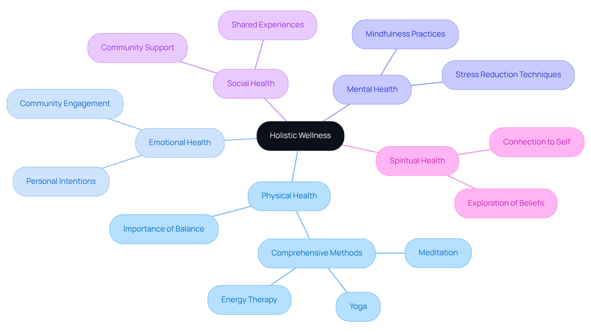 Start at the center with 'Holistic Wellness', then explore each dimension and its related concepts. Each branch represents a key area of wellness, showing how they connect and influence one another.